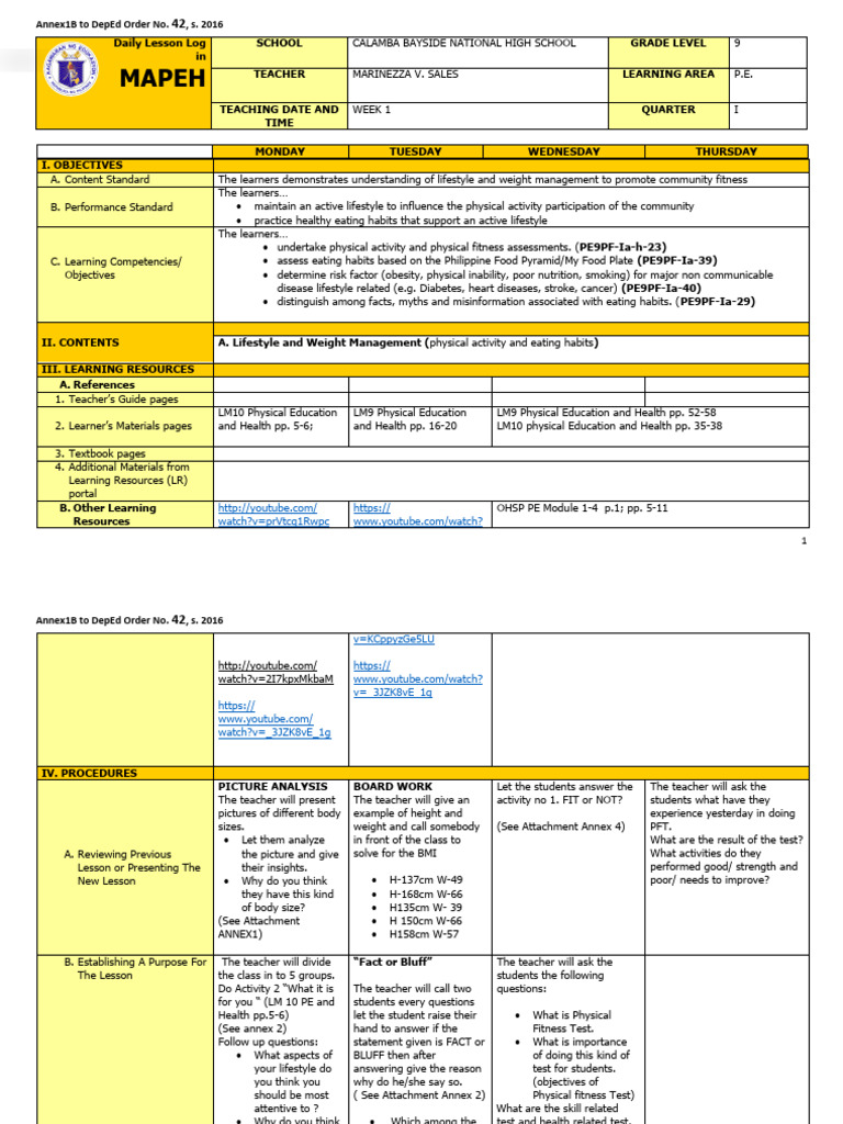 MAPEH Daily Lesson Log for Grade 9 | PDF | Physical Education ...