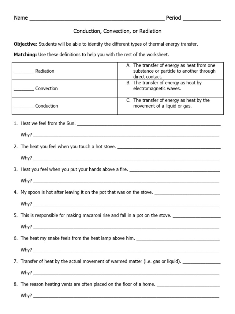 Conduction Convection or Radiation Worksheet | PDF | Heat Transfer | Heat