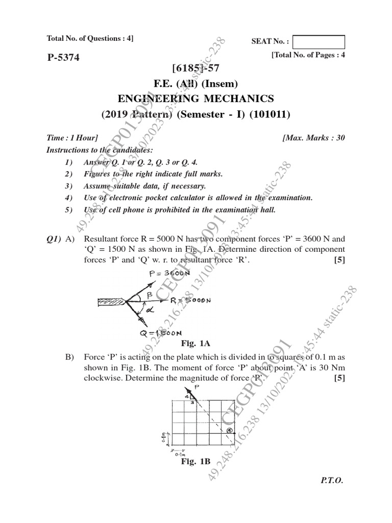 Engineering Mechanics Question Paper 2023 | PDF | Physical Phenomena ...