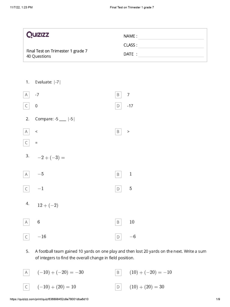 G7 Final Test On Trimester 1 Grade 7 | PDF | Mathematics | Algebra