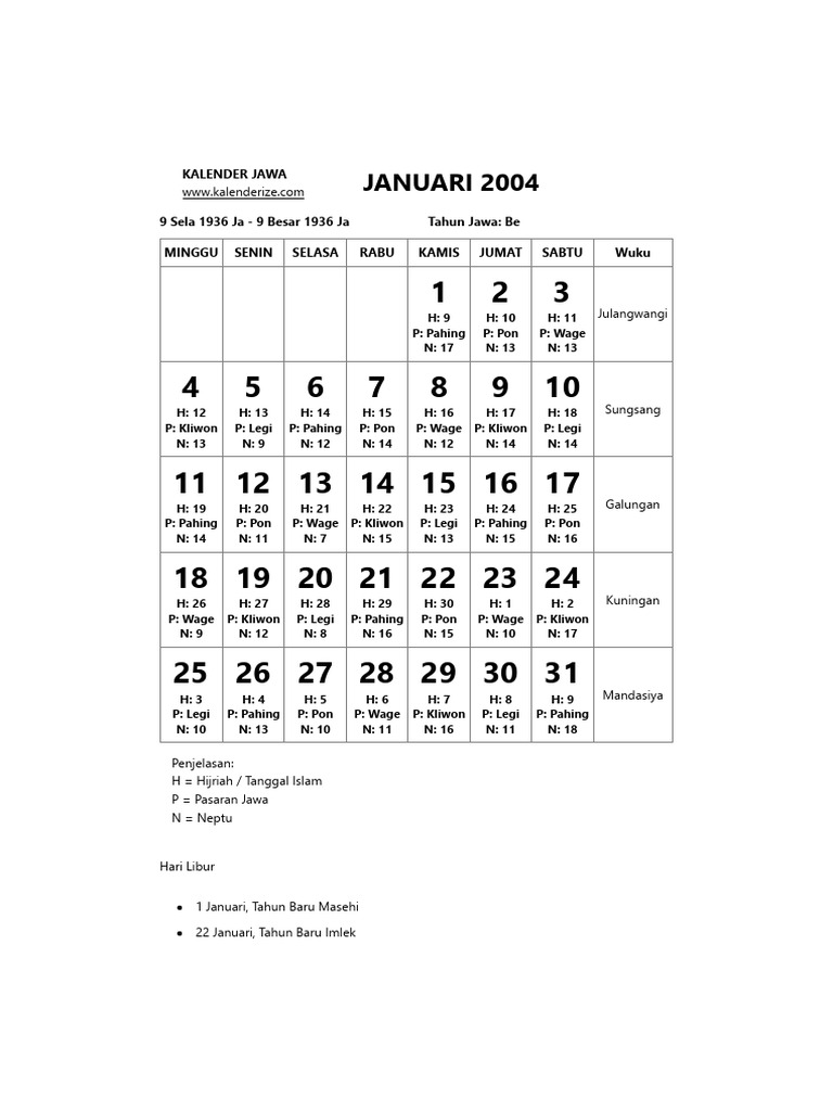 Kalender Jawa Januari 2004 | PDF | Ilmu Sosial