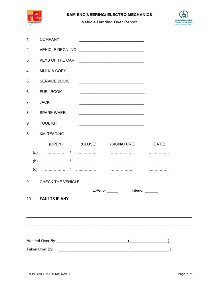 Vehicle Handover Checklist | PDF