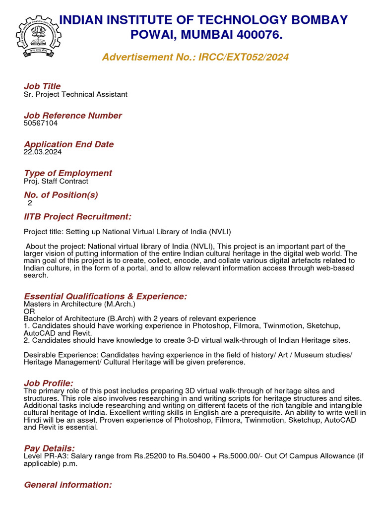 IIT Bombay Sr. Project Technical Assistant Job | PDF | Art
