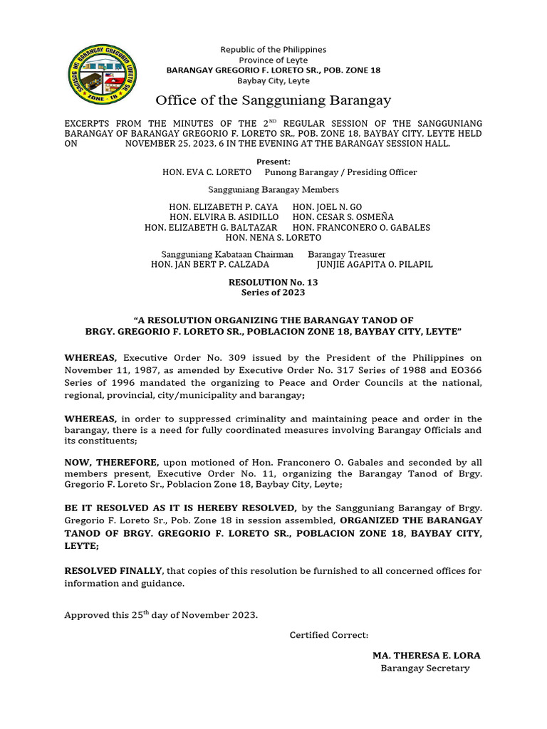 Resolution No. 13 ORGANIZING Tanod | PDF | Philippines | Government