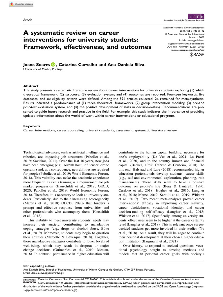 Systematic Review On Career Interventions For University Students Framework Effectiveness and ...