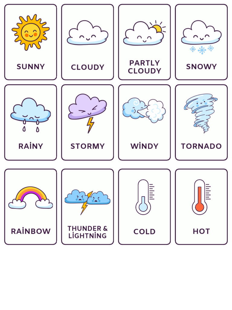 White Colorful Cartoon Weather Flashcards | PDF