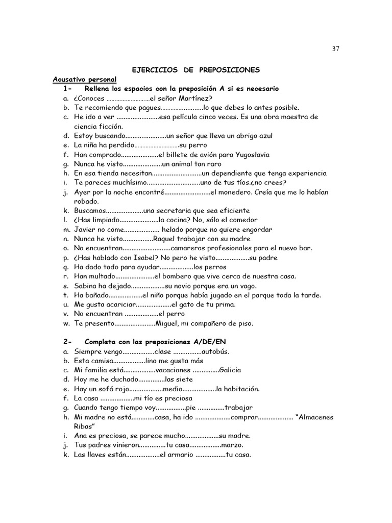 Ejercicios de Preposiciones en Español | PDF