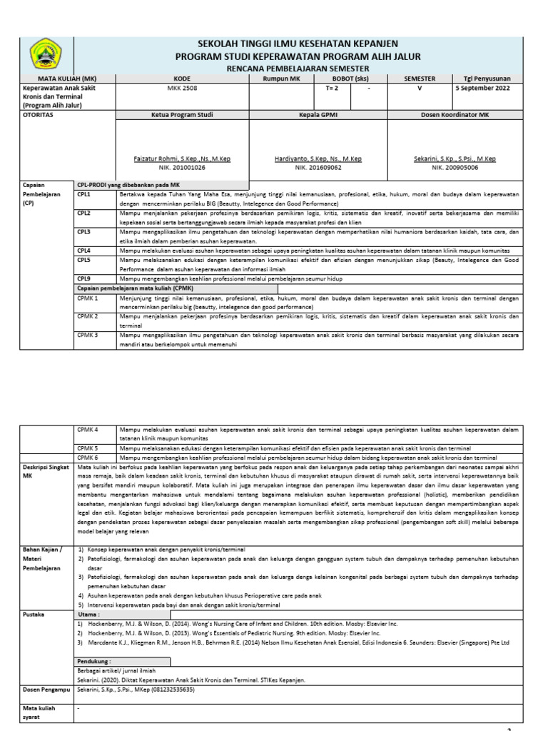 RPS - Keperawatan Anak Sakit Kronis Terminal - ALJ (2022-2023) | PDF