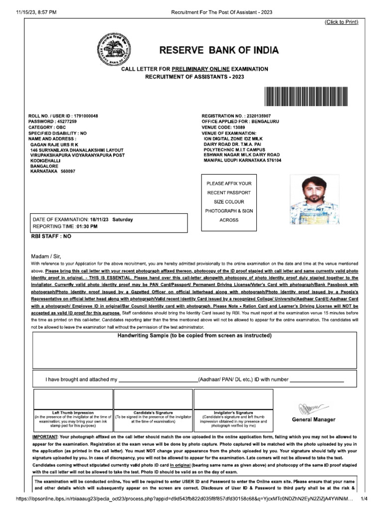 RBI Call Letter | PDF