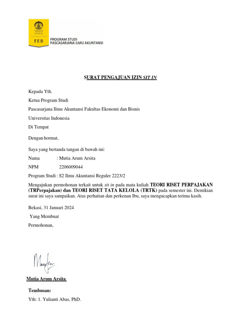 Surat Izin Sit in Mutia Arum Arsita | PDF