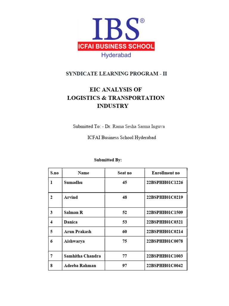 Eic Analysis (Transportationa and Logistics) | PDF | Marketing | Logistics