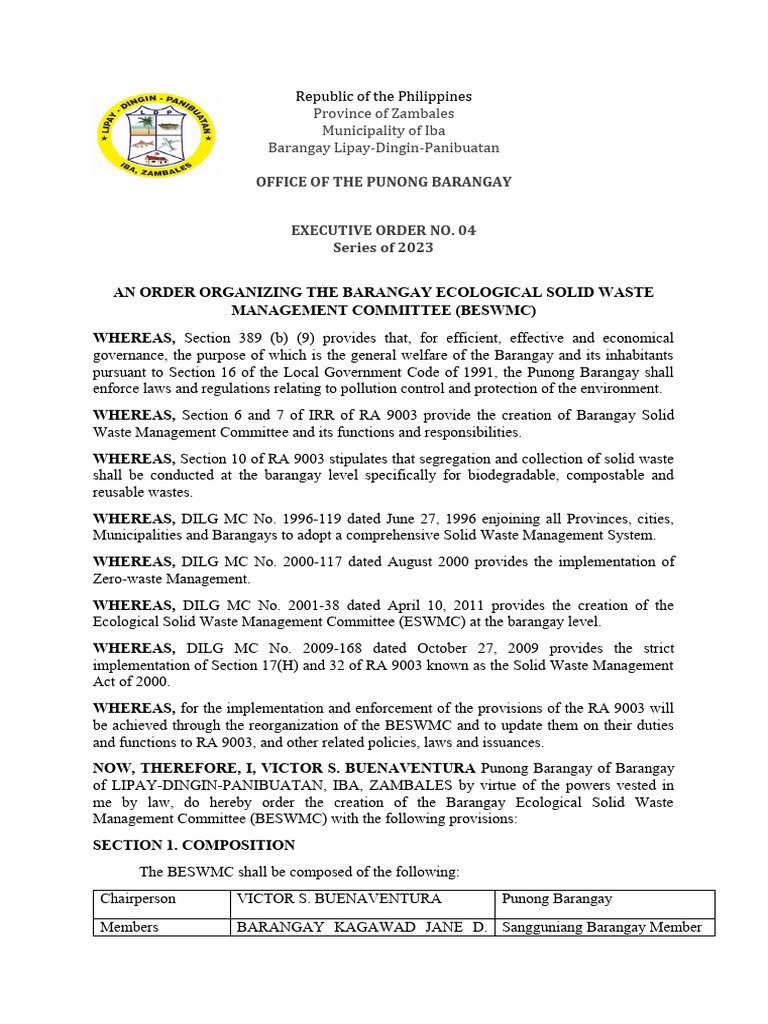 Barangay Ecological Solid Waste Management | PDF | Waste Management ...