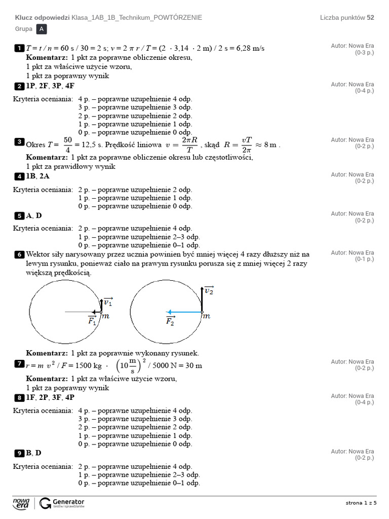 Klasa 1AB 1B Technikum POWTÓRZENIE Klucz Odpowiedzi | PDF