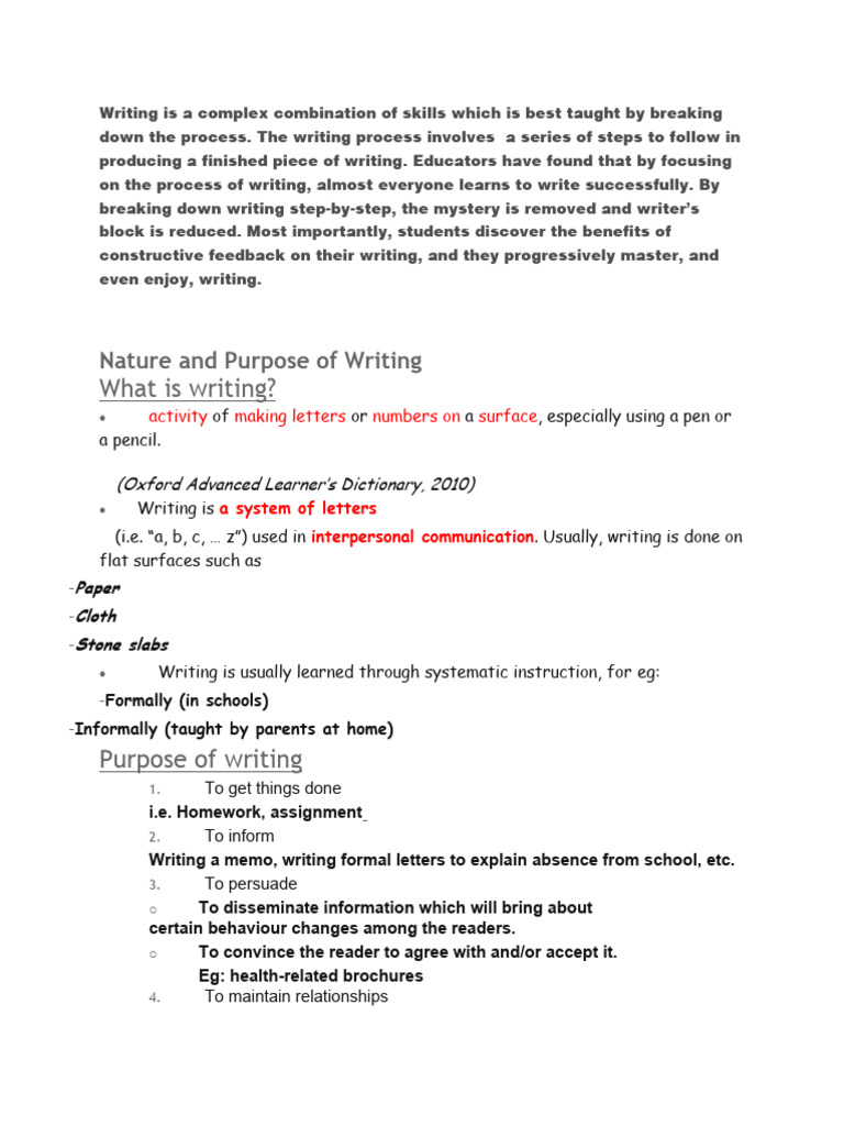 Writing is a complex combination of skills which is best taught by ...