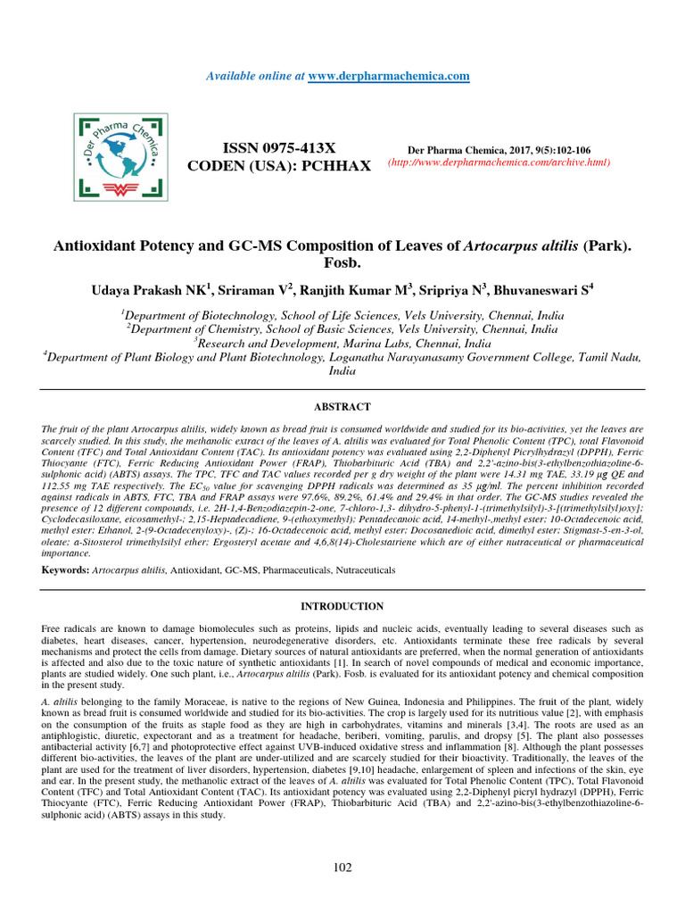 Antioxidant Potency and Gcms Composition of Leaves of Artocarpus ...