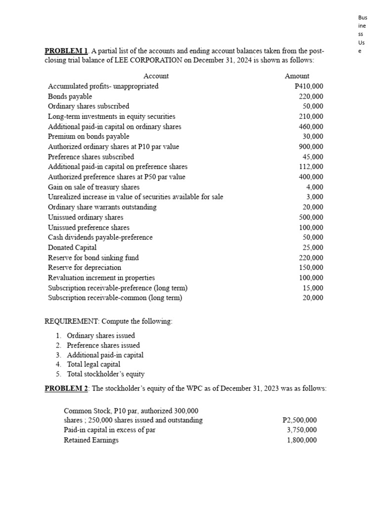 PROBLEM 1. A Partial List of The Accounts and Ending Account Balances Taken From The Post | PDF ...