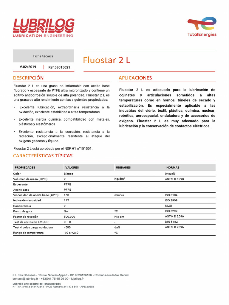 TDS - Lubrilog - Fluostar 2 L Es | PDF | Química | Ingeniería mecánica