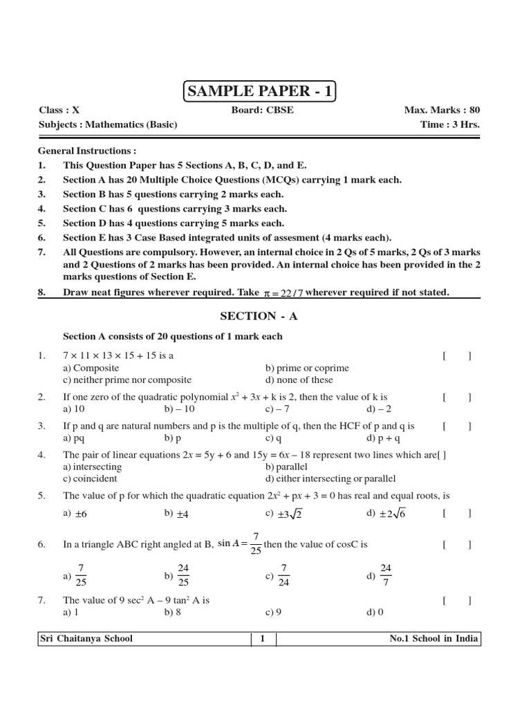 Maths Sample Paper X | PDF | Circle | Triangle