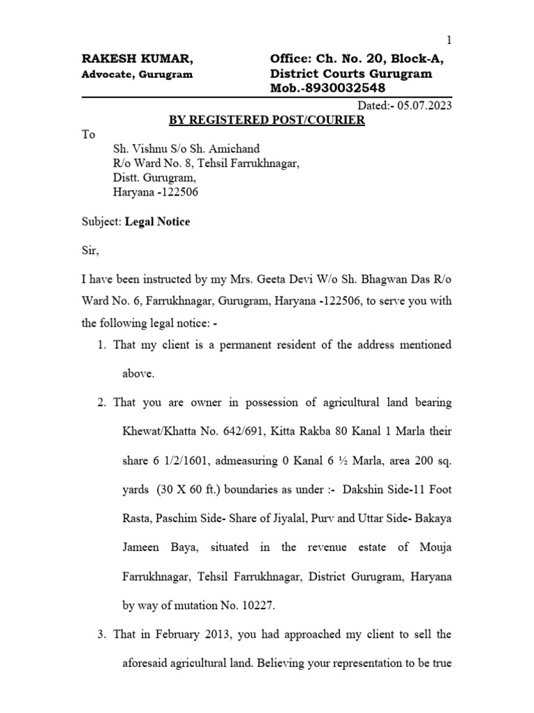 Legal Notice for Sale Deed Execution | PDF | Deed | Property Law