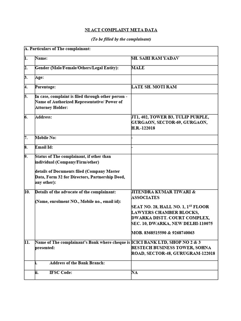 Sahi Ram VS Mukesh Rajput 138 Complaint | PDF | Cheque | Banks