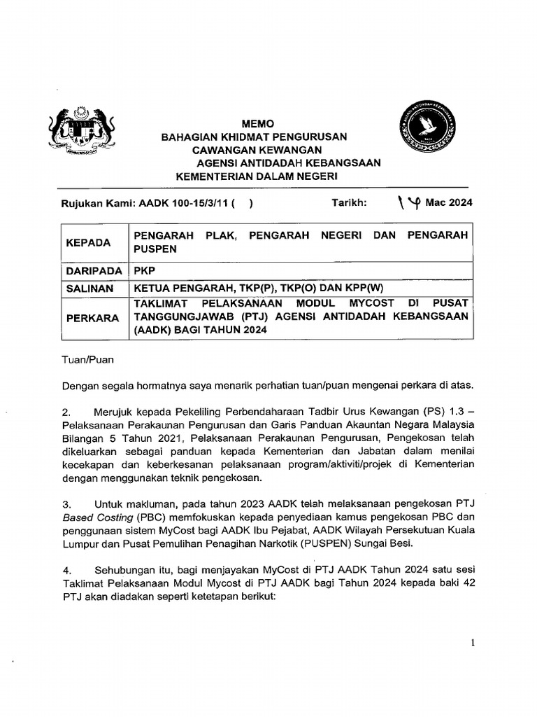 Memo Jemputan Taklimat MyCost | PDF