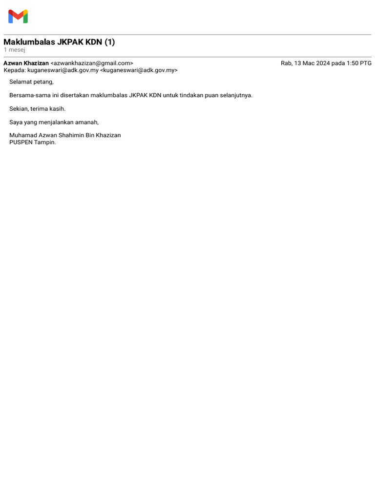 Gmail - Maklumbalas JKPAK KDN | PDF