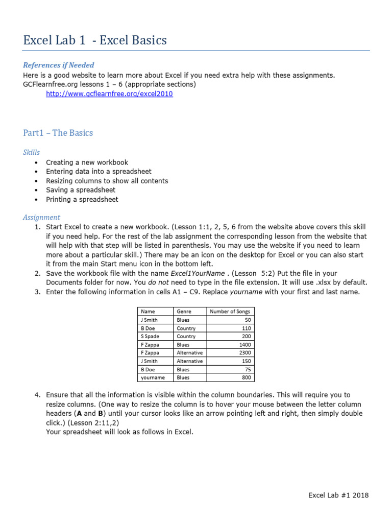 Excel Lab 1 - Basics | PDF | Microsoft Excel | Spreadsheet