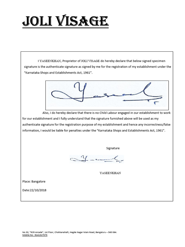 Signature Declaration for Joli Visage | PDF