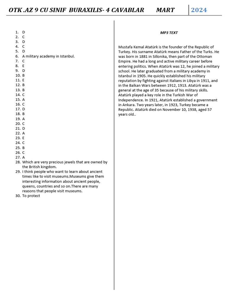 OTK - AZ Buraxılış 2024 ( 5) - Sinif 9 CAVABLAR | PDF
