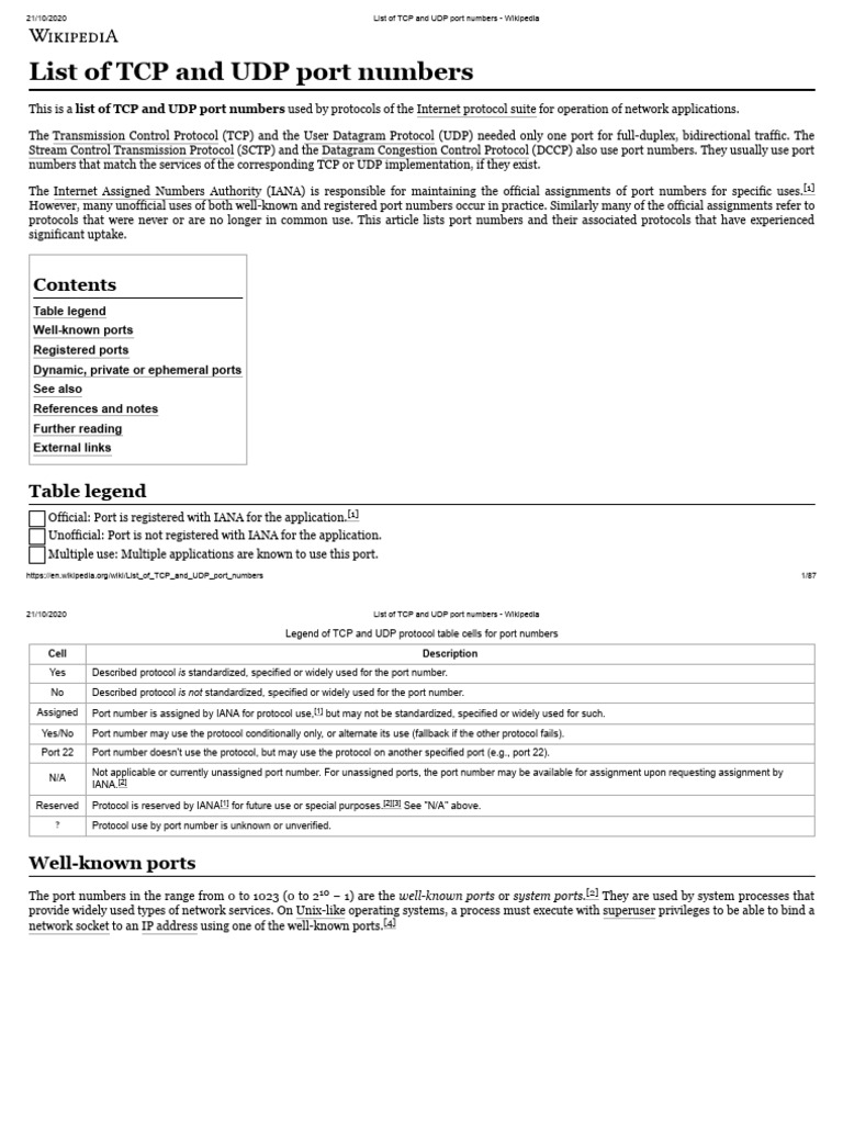 List of TCP and UDP Port Numbers - Wikipedia | PDF | Port (Computer ...