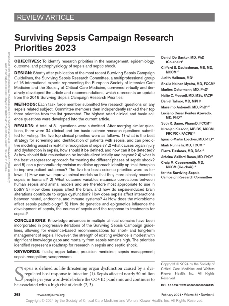 Surviving Sepsis Campaign Research Priorities 2023.11 | PDF | Sepsis ...