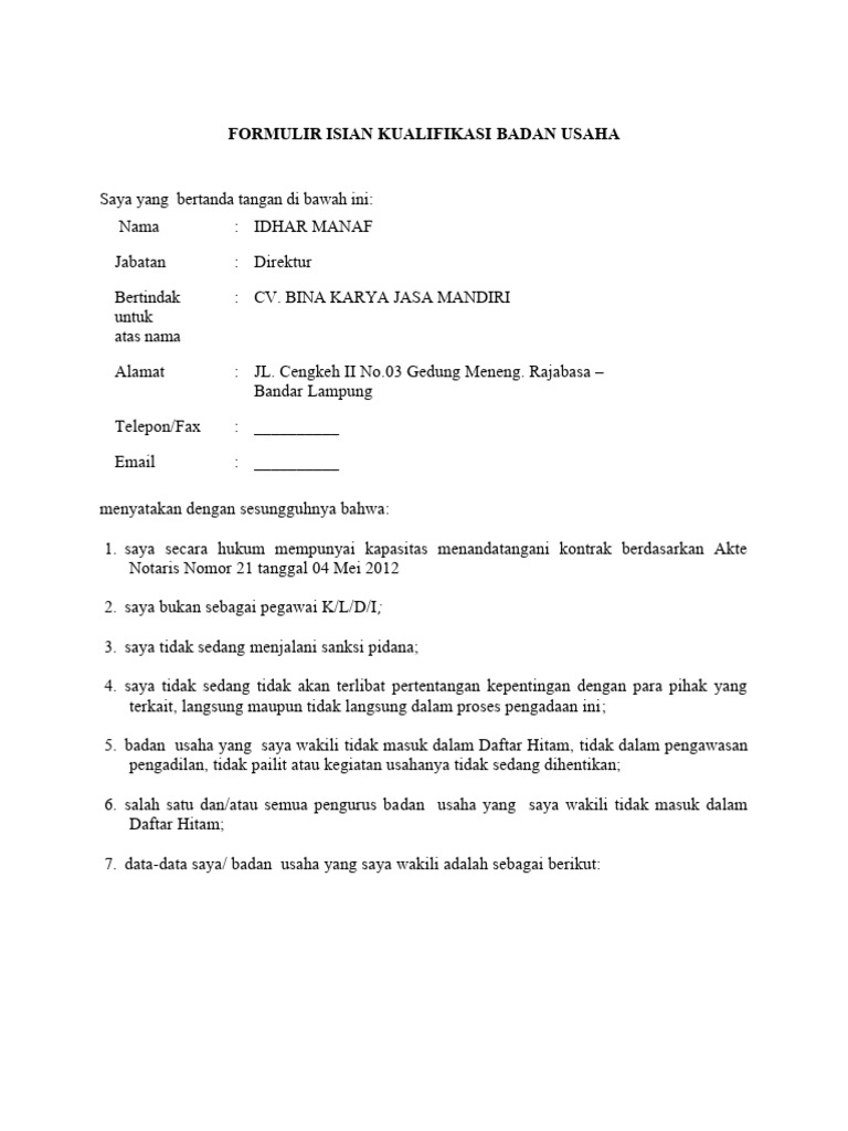 Formulir Kualifikasi Badan Usaha CV. Bina Karya | PDF