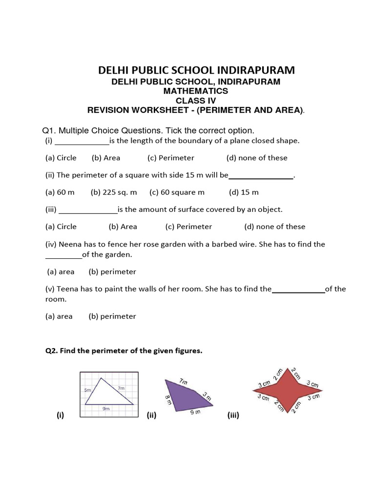 Class IV Math Revision Worksheet Perimeter and Area | PDF