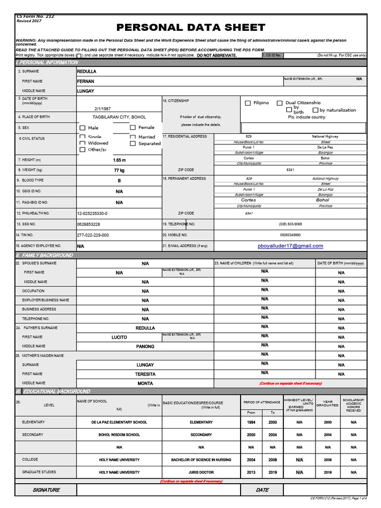 CS-Form-No.-212-Personal-Data-Sheet-Fernan-L.-Redulla-1 | PDF ...