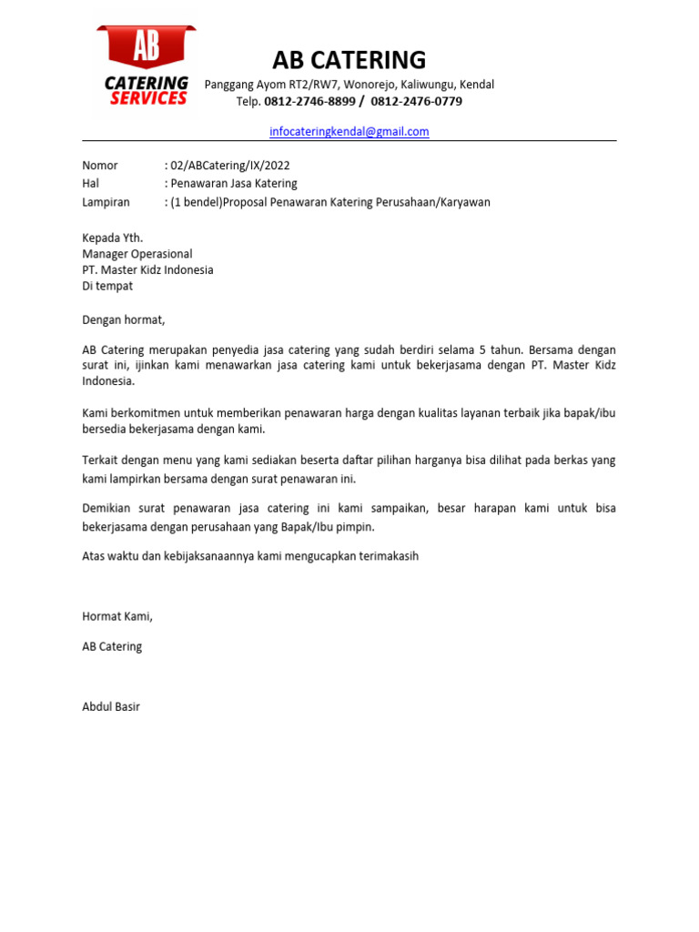 Surat Penawaran Catering MASTER KIDZ | PDF