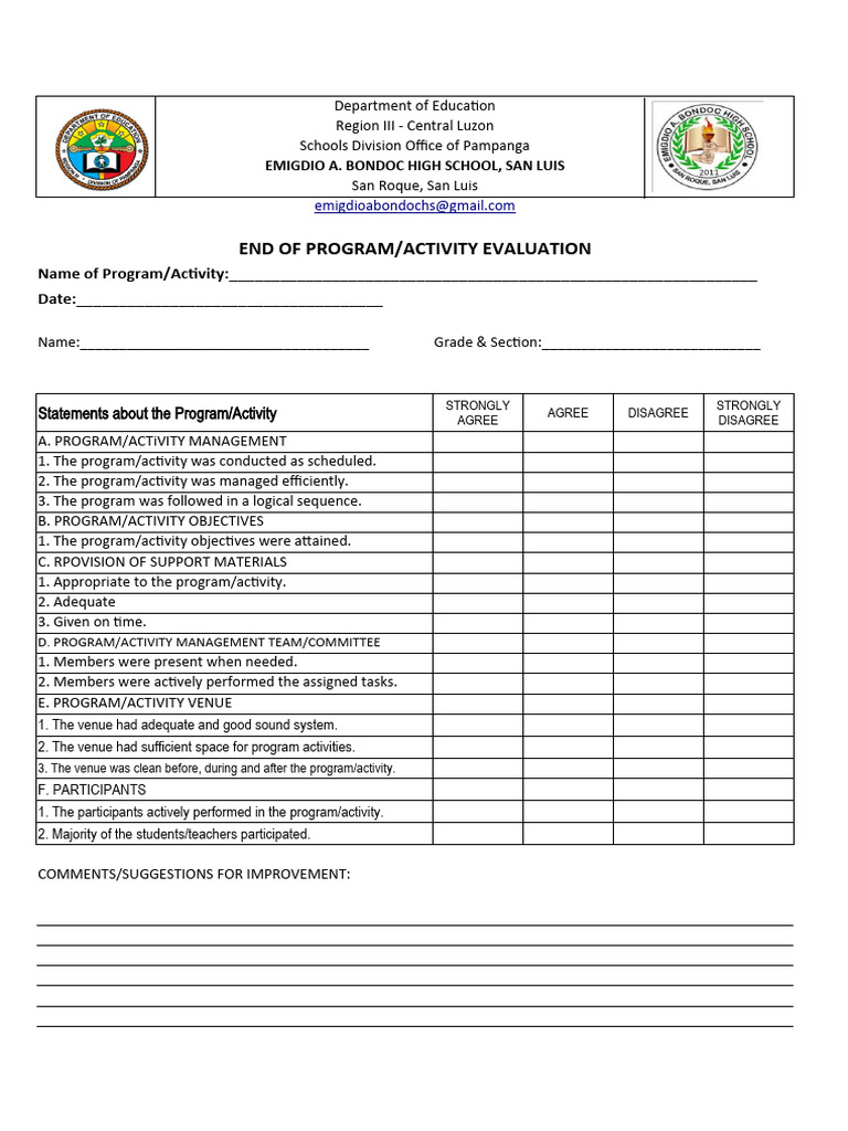 End of Program Activity Evaluation Tagulod HS | PDF