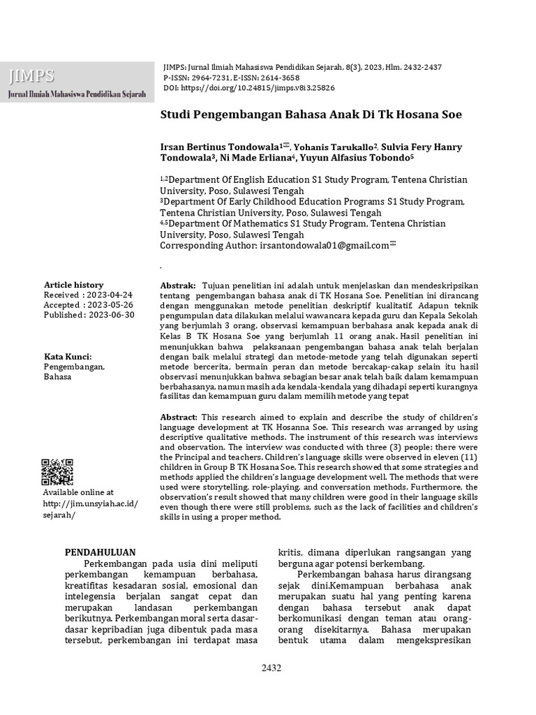 Studi Pengembangan Bahasa Anak Di TK Hosana Soe | PDF | Human Communication | Linguistics