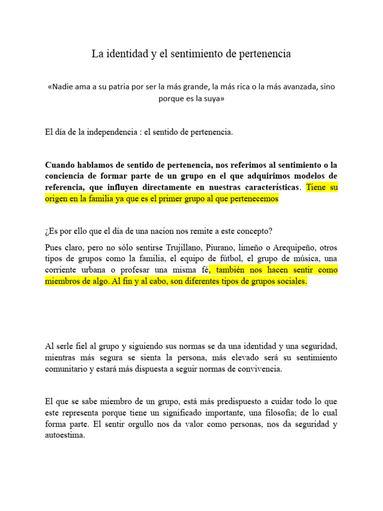 Identidad y Sentido de Pertenencia | PDF | Autoestima | Nación