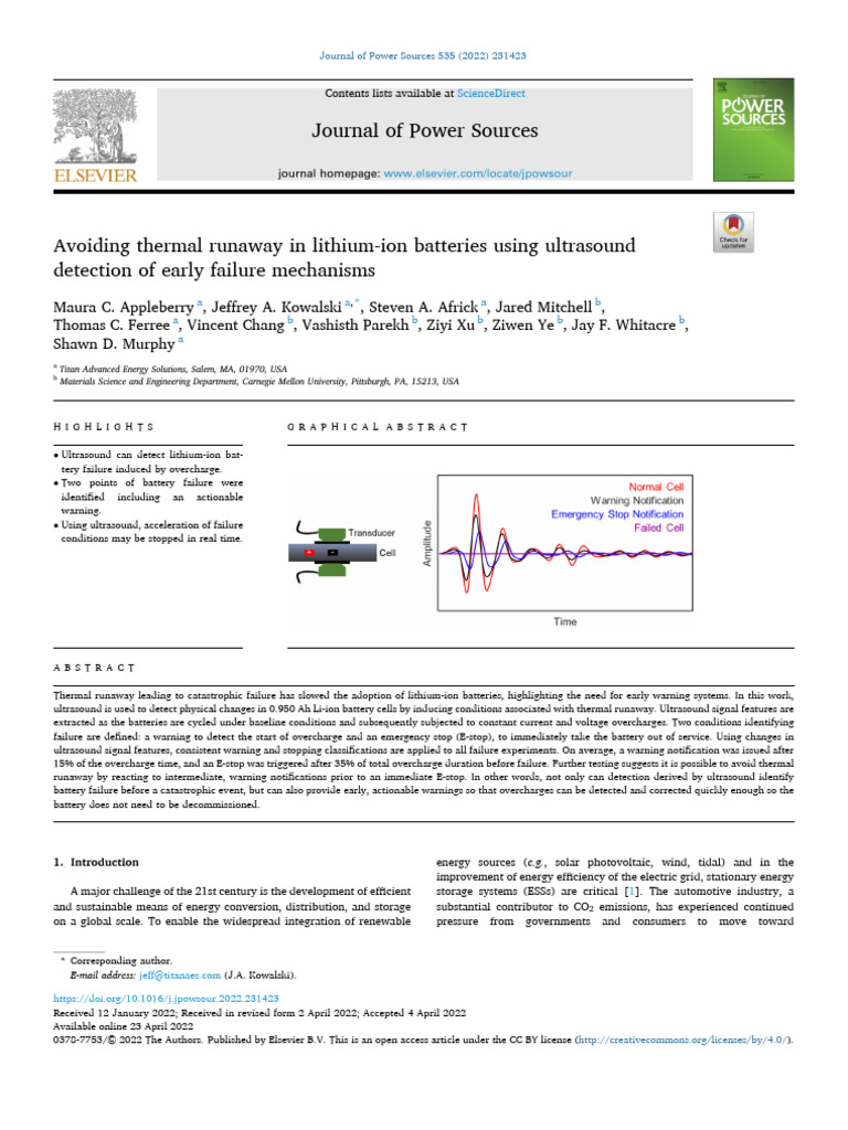 Avoiding Thermal Runaway in Lithium-Ion Batteries Using Ultrasound Detection of Early Failure ...