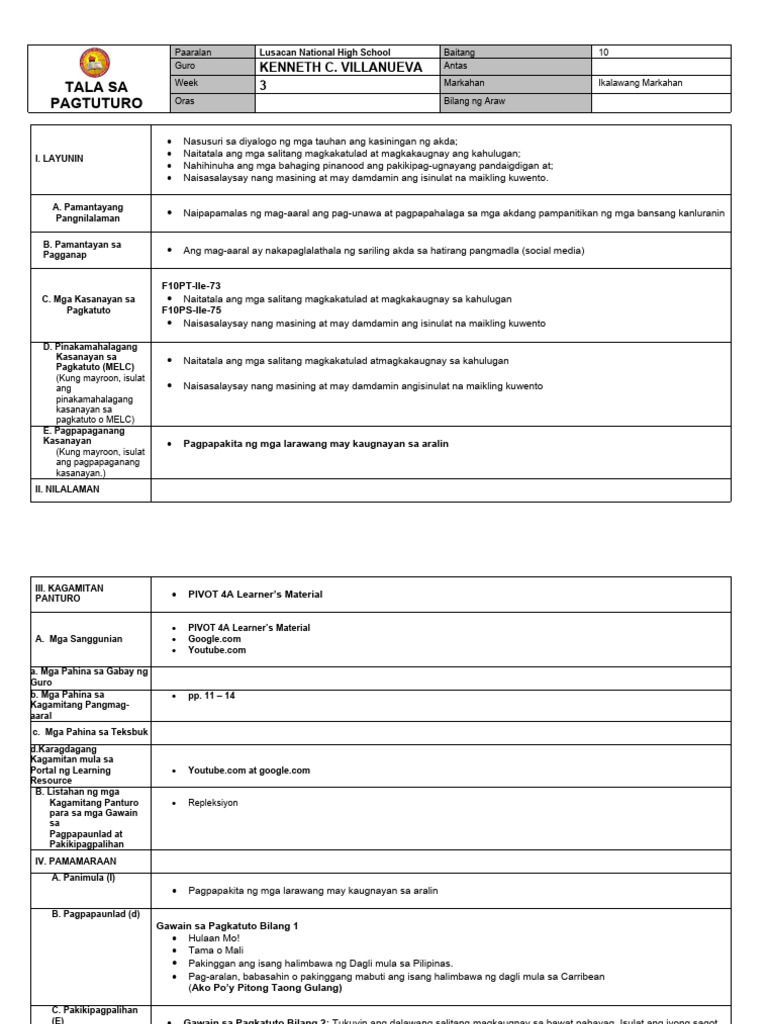 VillanuevaKC Exemplar G10Filipino Q2W3 | PDF