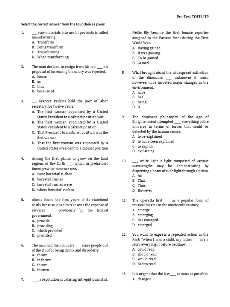 Pre-Test TOEFL ITP (KJ) | PDF | Verb | Adjective