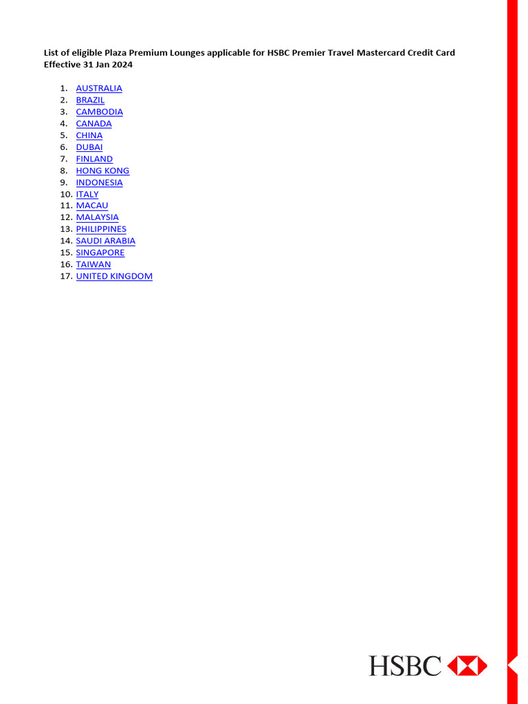 HSBC Premier Lounge Access List 2024 | PDF | Airport Lounge | Transport ...