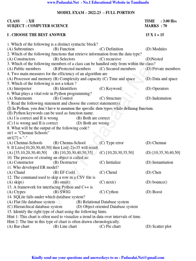 12th Computer Science EM Public Exam 2023 Model Question Paper English Medium PDF Download | PDF ...