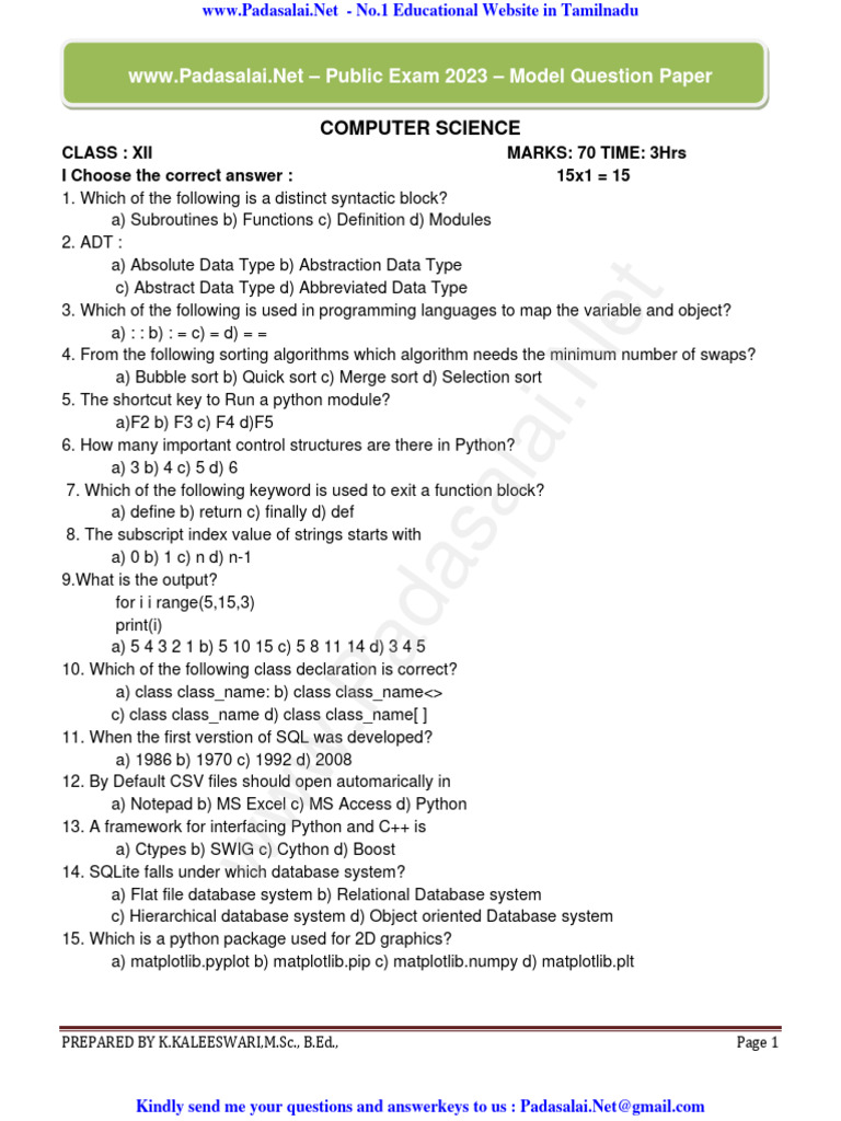 12th Computer Science EM Public Exam 2023 Model Question Paper English ... 12th Computer Science EM Public Exam 2023 Model Question Paper English ...