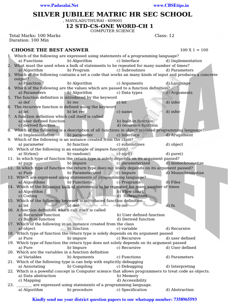 12th Computer Science One Marks Question Paper English Medium PDF ... 12th Computer Science One Marks Question Paper English Medium PDF ...