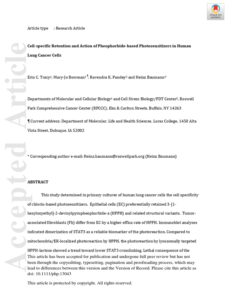 Cell-Specific Retention and Action of Pheophorbide-Based ...