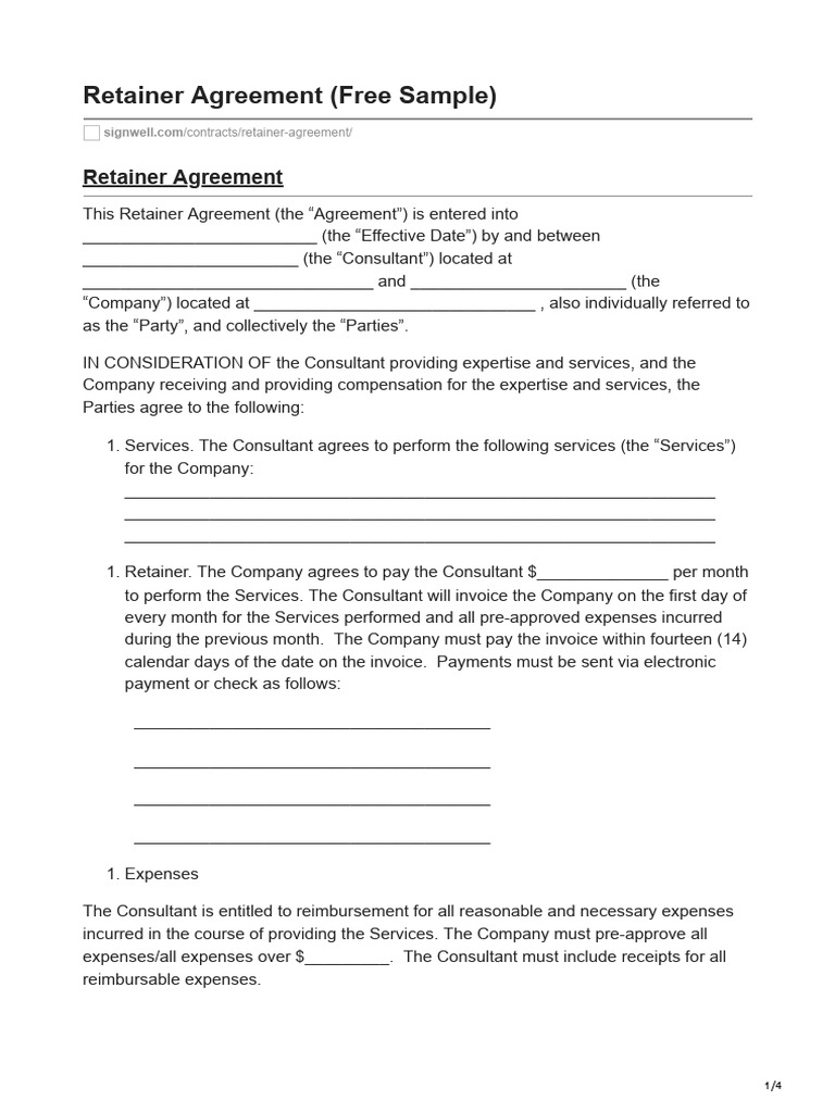 Retainer Agreement Free Sample | PDF | Arbitration | Mediation