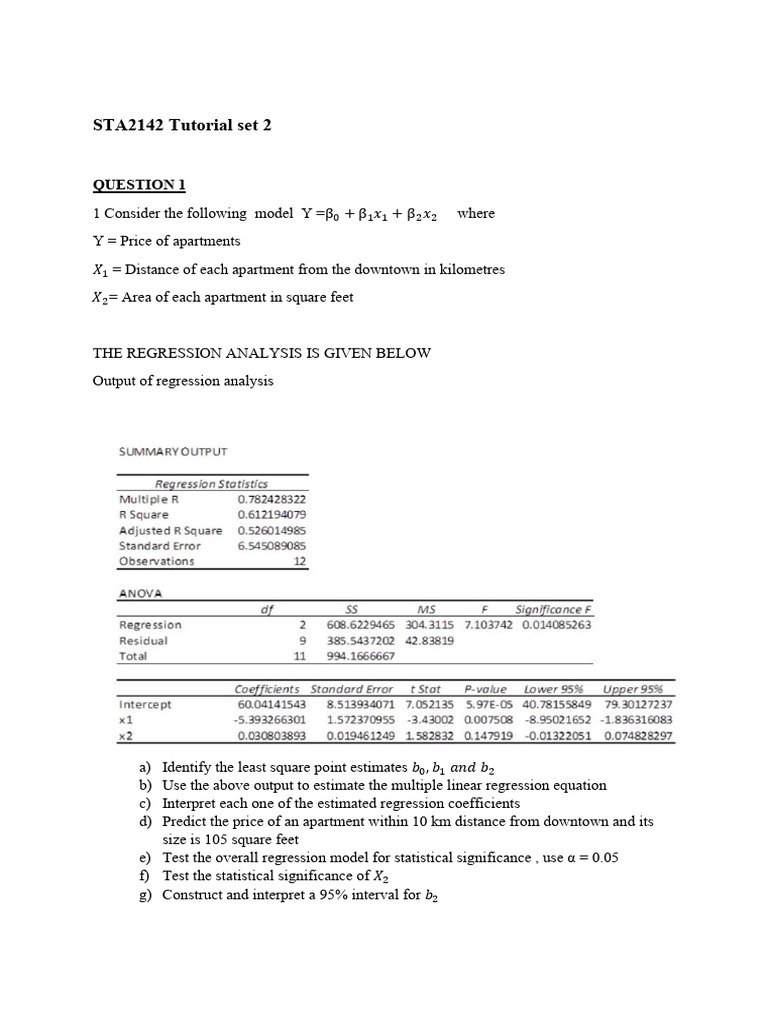 2024 STA2142 Tutorial set 2 | PDF | Regression Analysis | Linear Regression