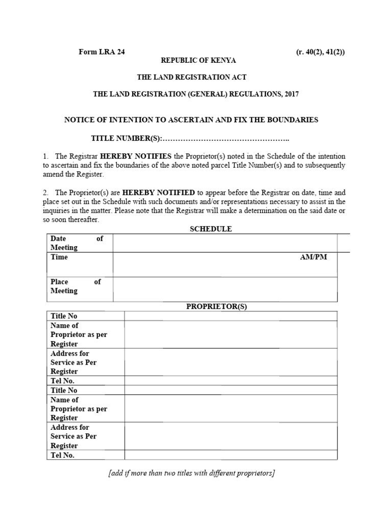 Form LRA 24 NOTICE OF INTENTION TO ASCERTAIN AND FIX THE BOUNDARIES | PDF