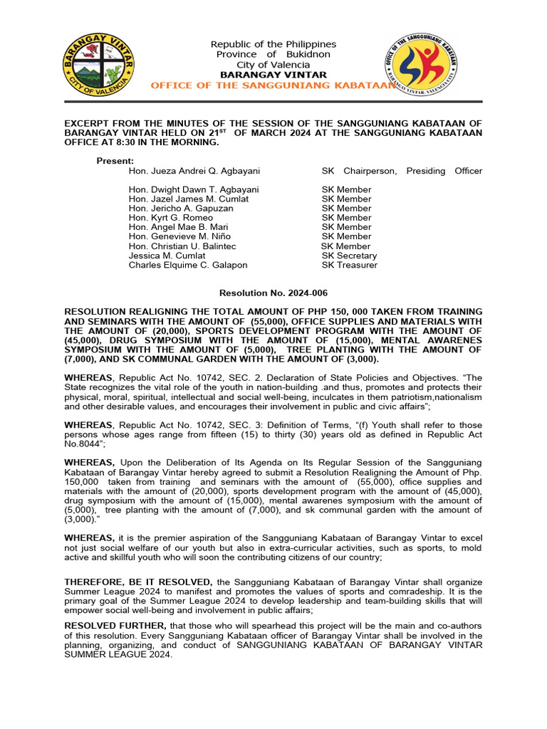 REALIGNING SK-Resolution 2024-006 | PDF